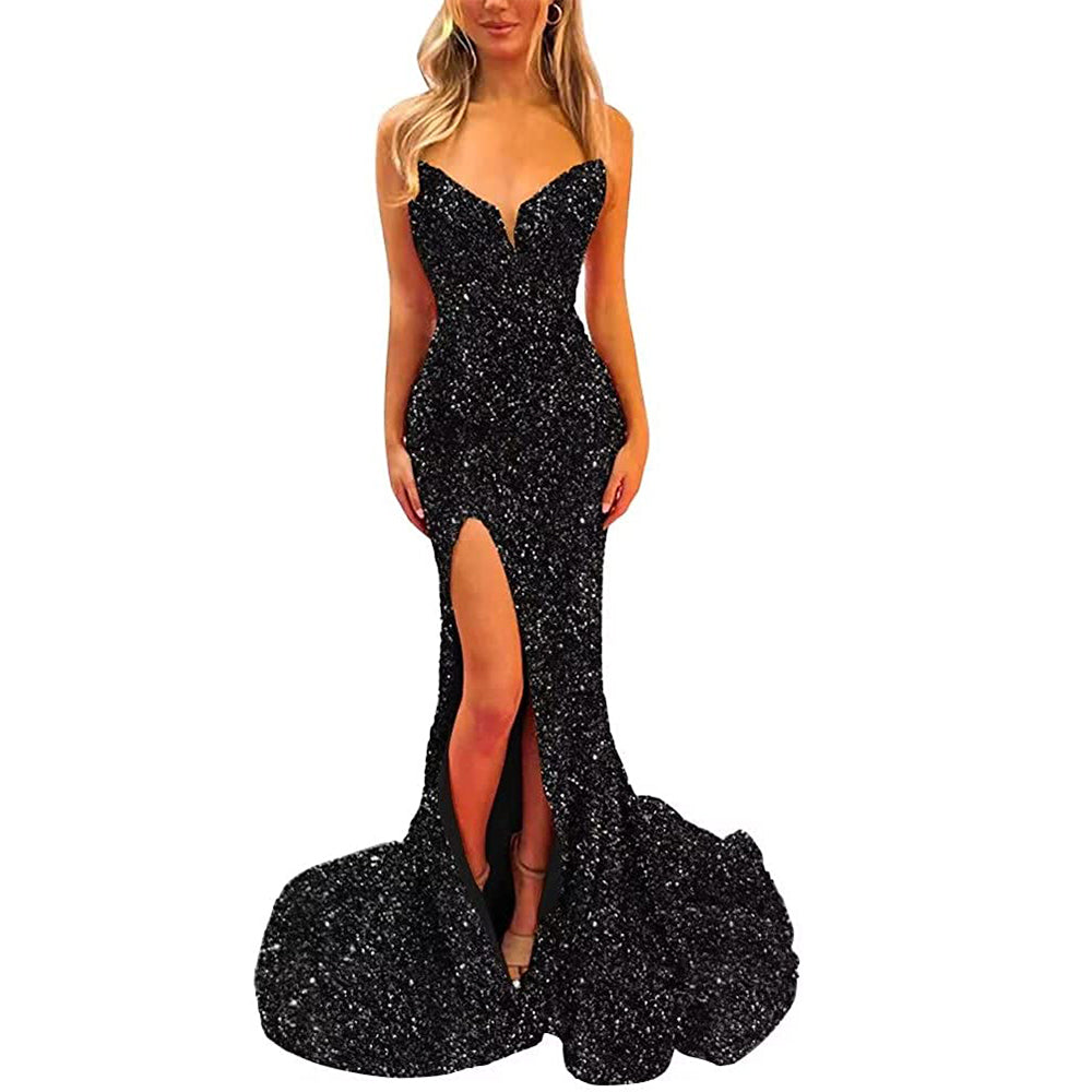 Sexy Prom Dress 2023 Sequin Mermaid V Neck Long with High Slit Sparkly ...