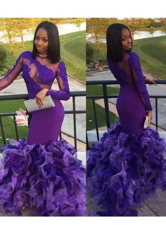 Black Girl Prom Dress 2023 Illusion Neck with Long Sleeves Ruffles ...