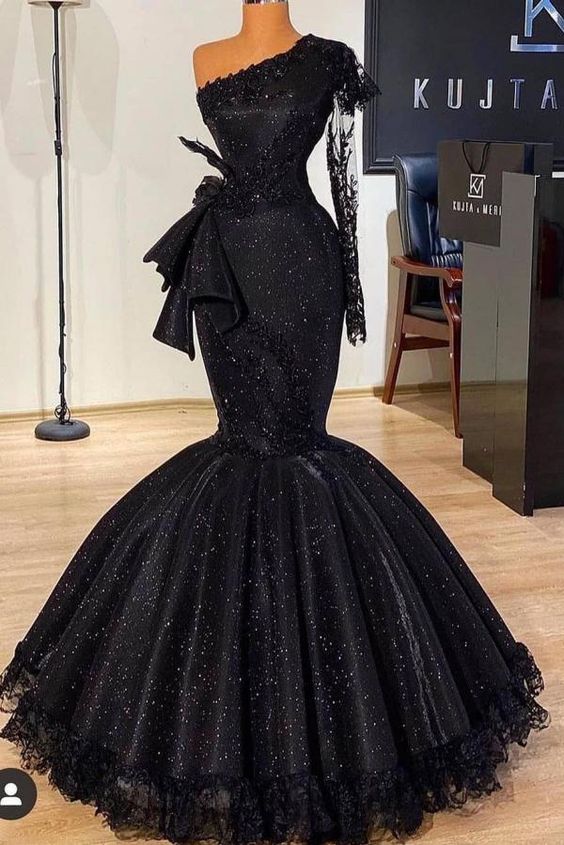 Black Prom Dress 2023 One-shoulder Sequin Draping – DCdress