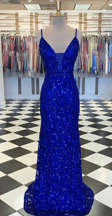 Royal Blue Prom Dress 2023 Spaghetti Straps Sequin – DCdress