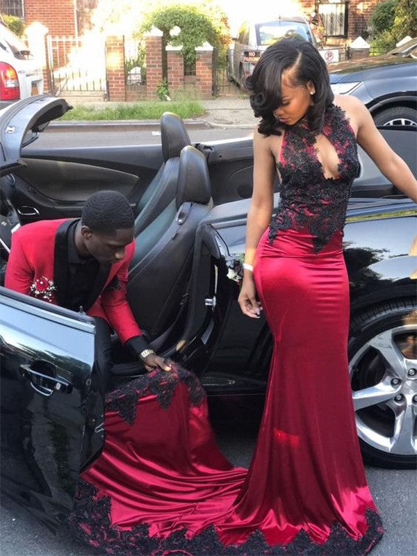 Black Girl Prom Dress 2023 Halter Neck Black and Red Hollow – DCdress